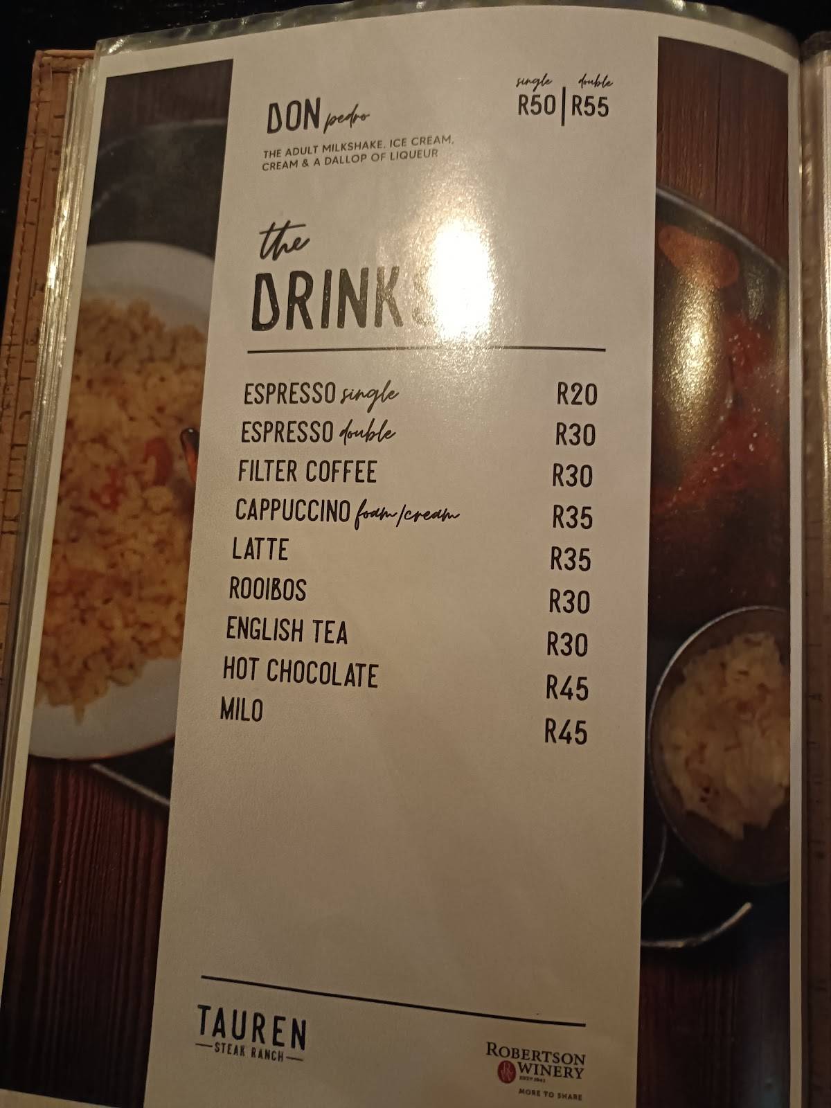 Menu at Tauren Steak Ranch Springbok steakhouse, Springbok