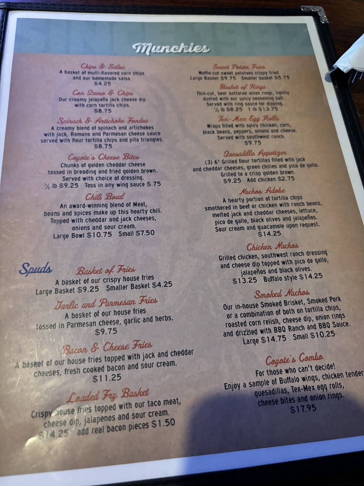 Menu at Coyote's Adobe Café restaurant, Springfield