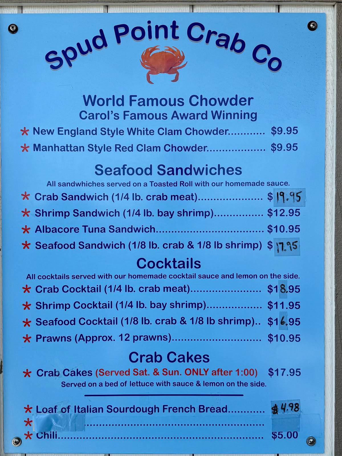 Menu at Spud Point Crab Company restaurant, Bodega Bay