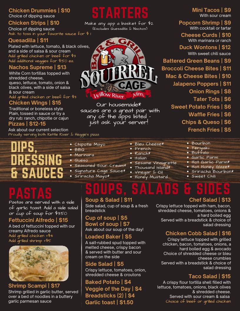 Menu at Squirrel Cage Bar Grill & Motel, Willow River