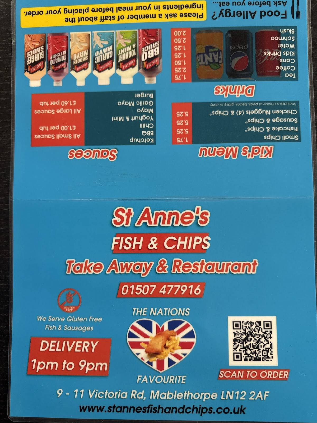 Menu at St Anne's Fish & Chips Restaurant, Mablethorpe