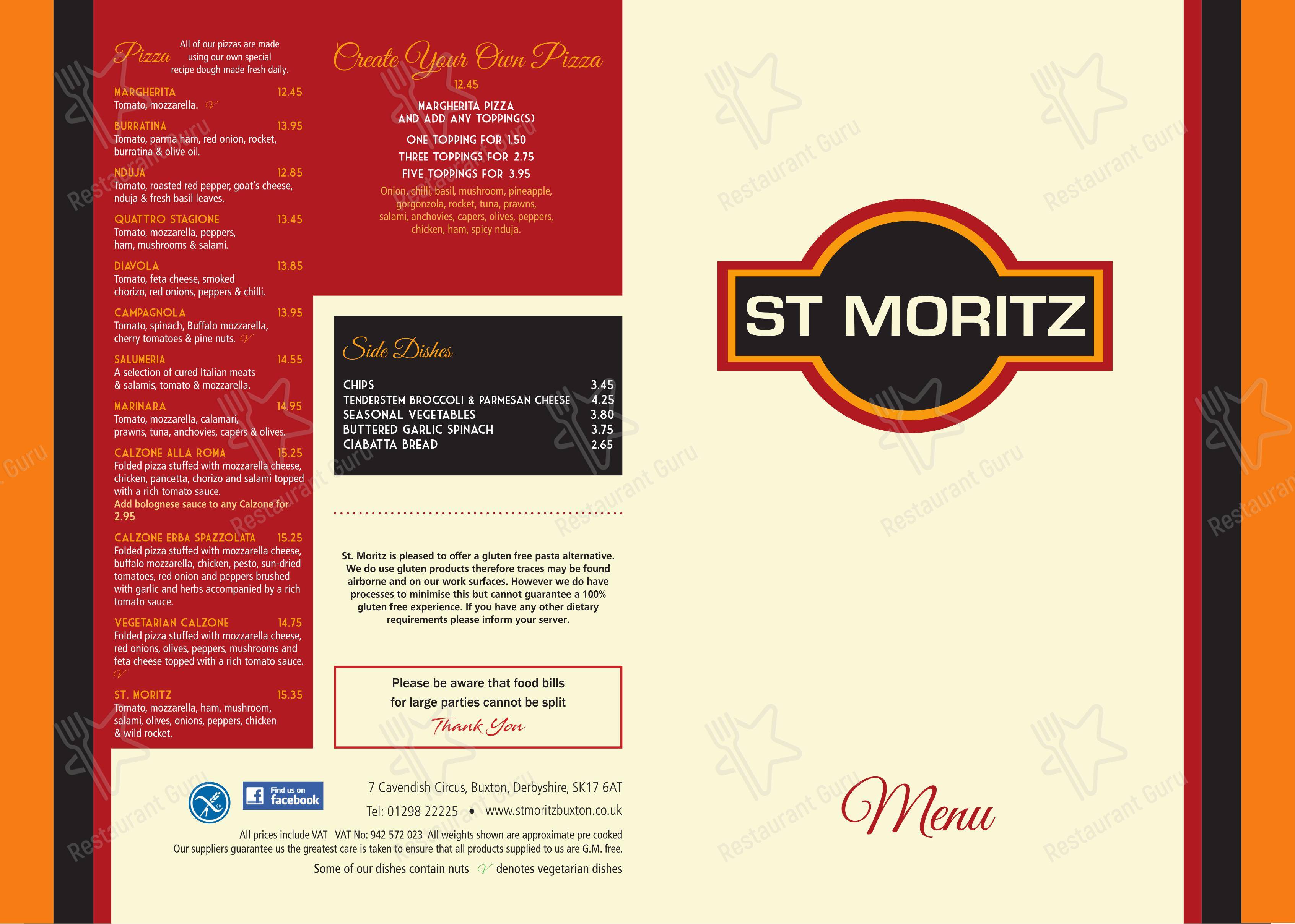 Menu at St Moritz restaurant, Buxton