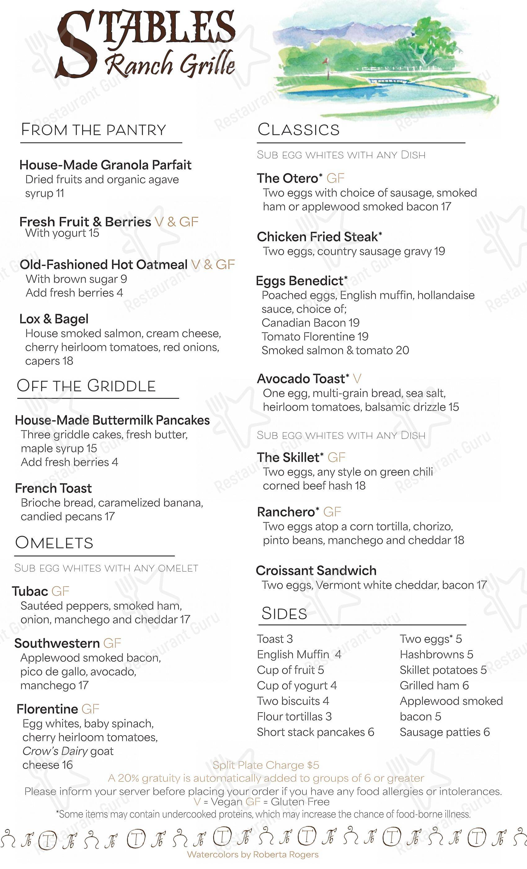 Menu at Stables Ranch Grille restaurant, Tubac, 65 Avenida de Otero