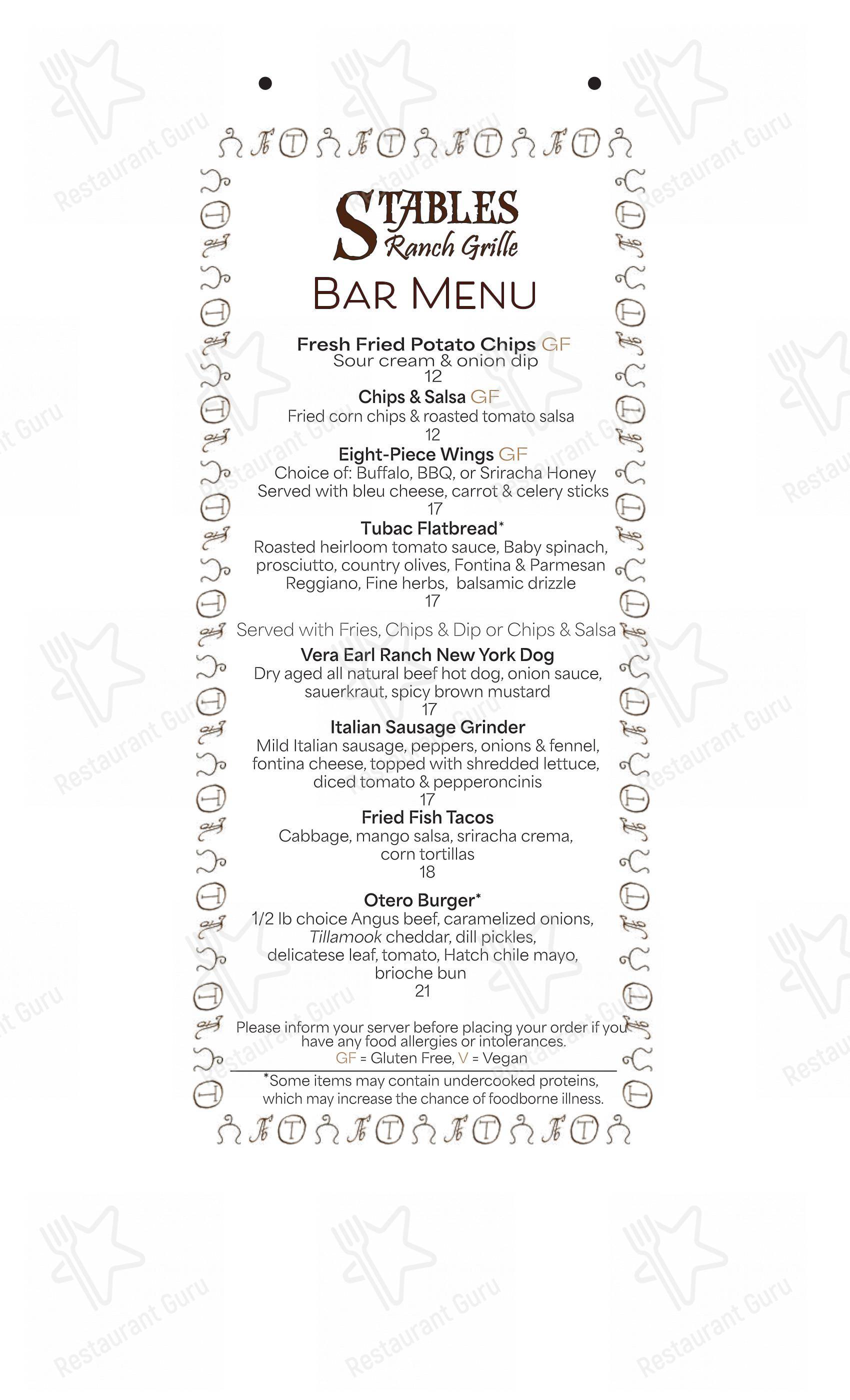 Menu at Stables Ranch Grille restaurant, Tubac, 65 Avenida de Otero