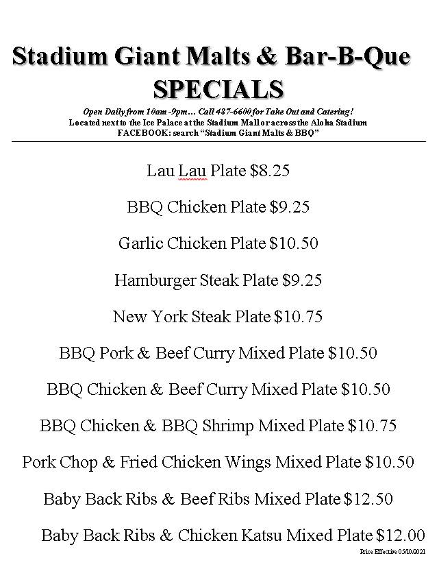 Menu at Stadium Giant Malts & Bar-B-Que, Honolulu