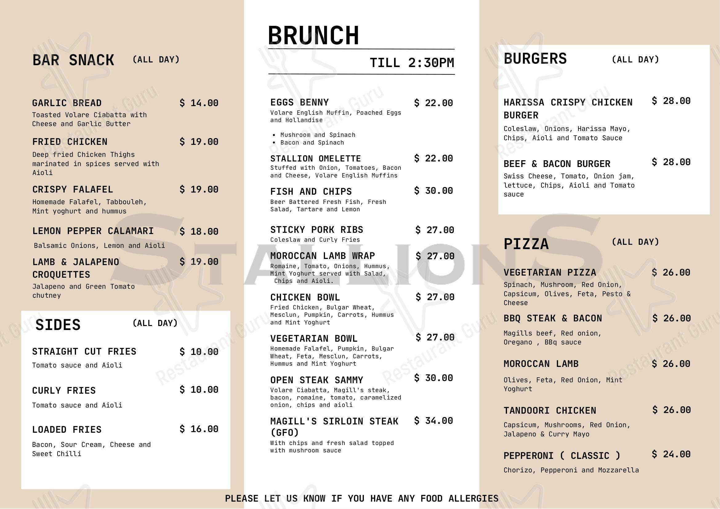 Menu at Stallions Te Awamutu pub & bar, Te Awamutu