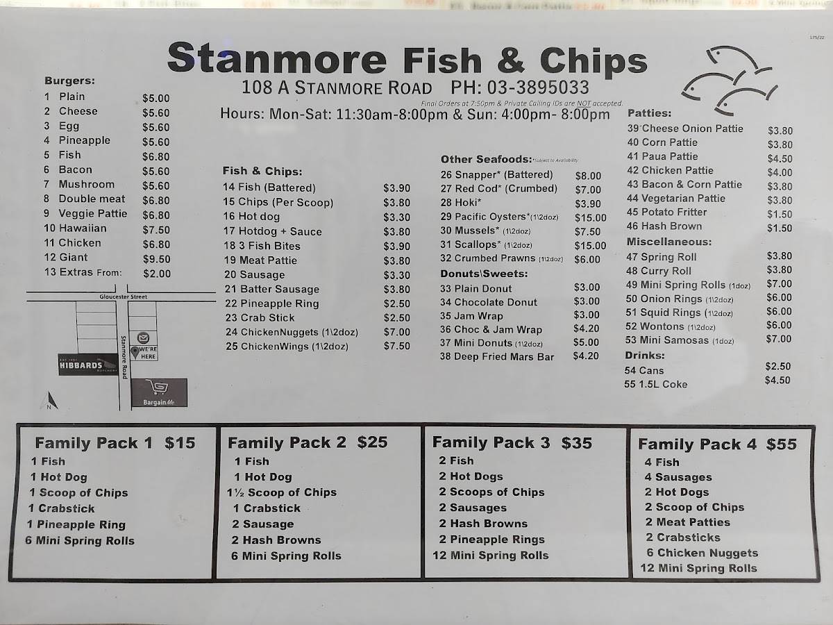 Menu at Stanmore Fish And Chips restaurant, Christchurch