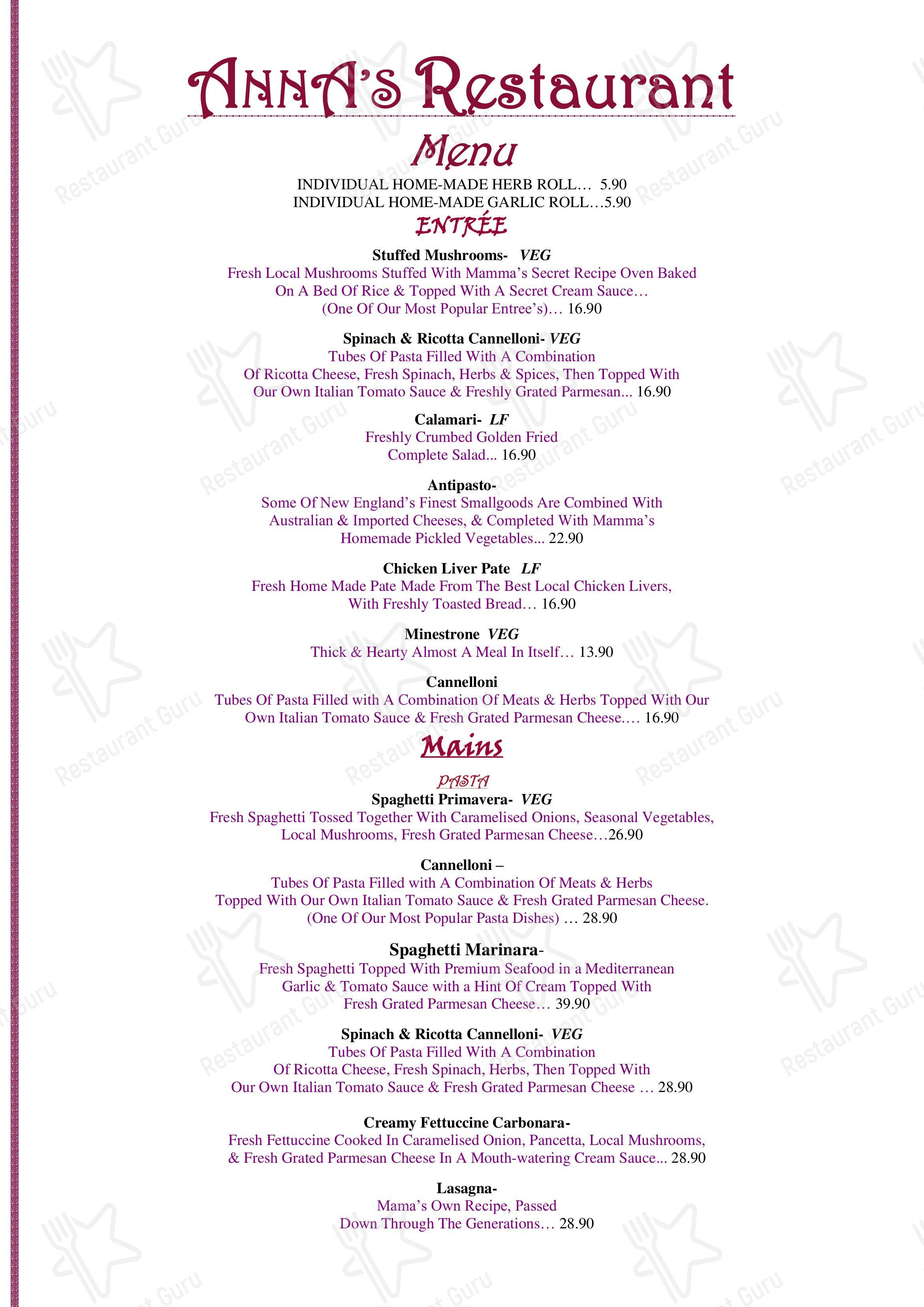Menu at Anna's Restaurant, Stanthorpe