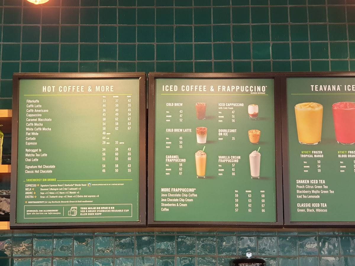Menu at Starbucks cafe, Oslo, Torggata 17B