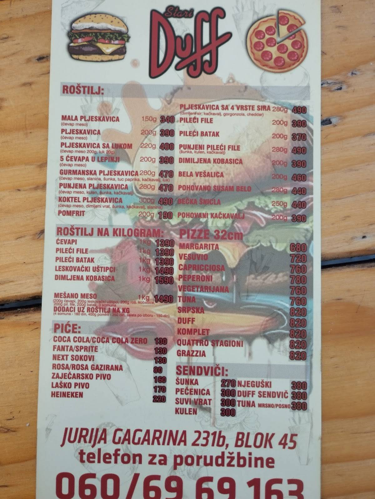 Menu at Stari DUFF NBG restaurant, Belgrade