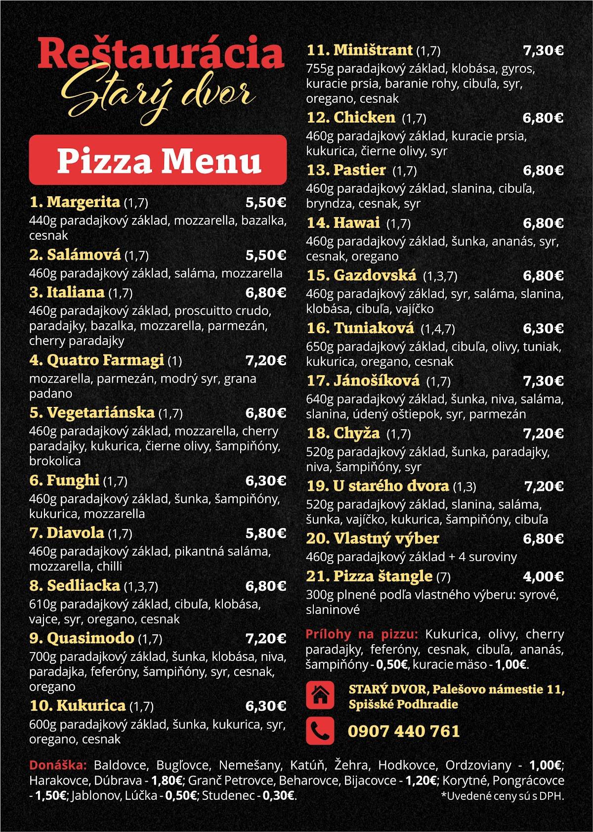 Speisekarte von Starý Dvor Pizza Reštaurácia, Spišské Podhradie