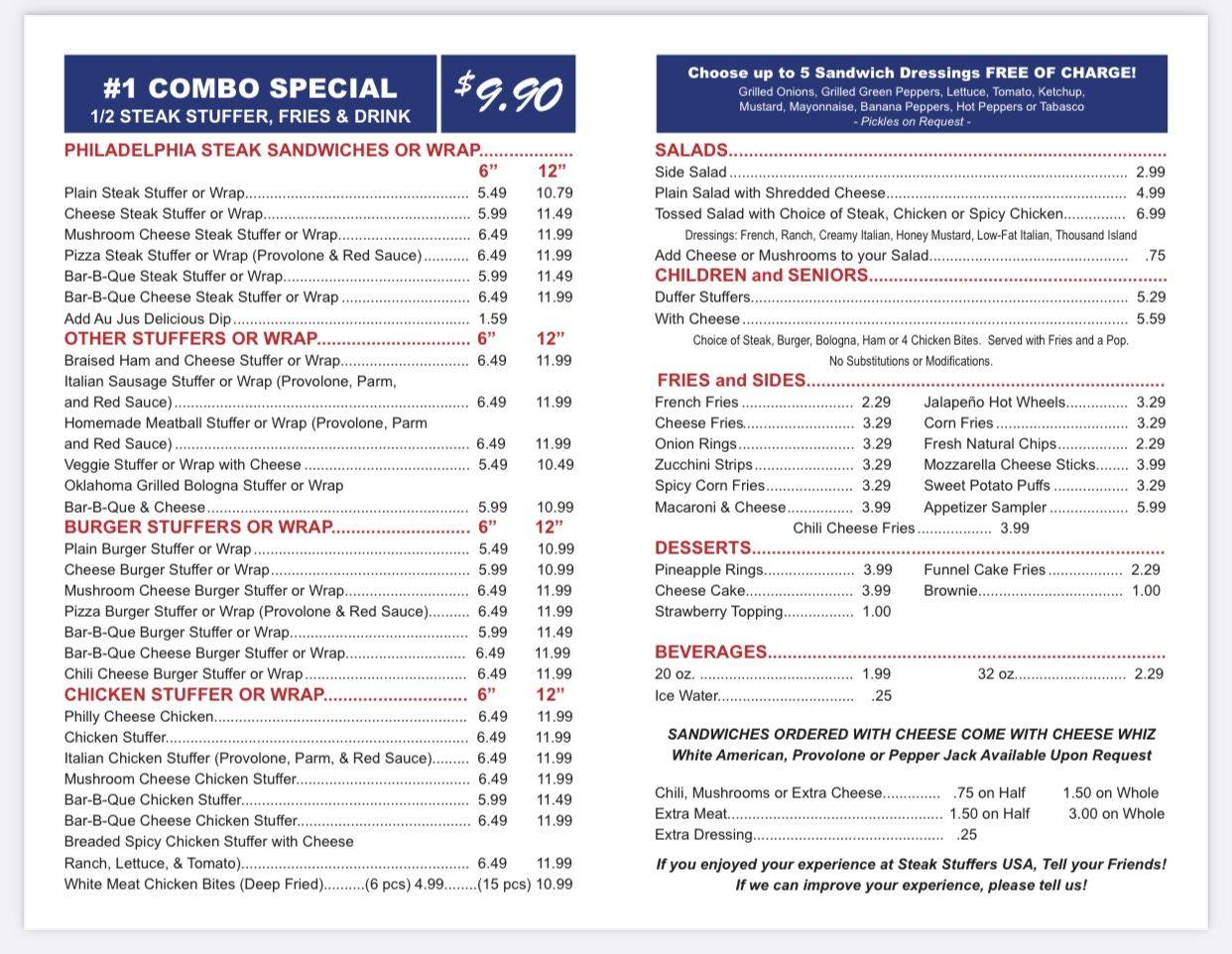 Menu at Steak Stuffers USA restaurant, Tulsa, E 51st St