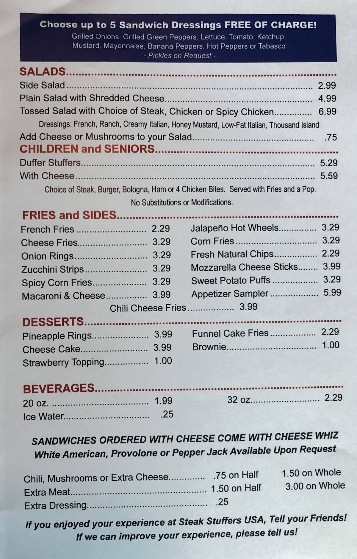 Menu at Steak Stuffers USA restaurant, Tulsa, E 51st St
