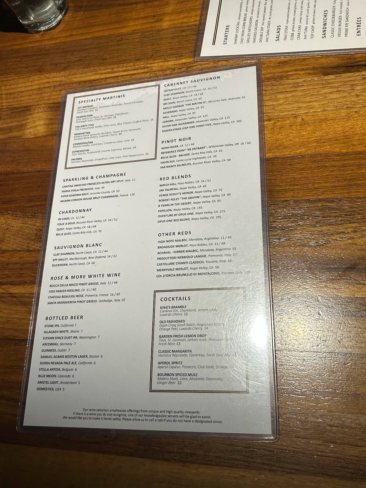 Menu at 131 MAIN Restaurant, Charlotte, Fairview Rd #100
