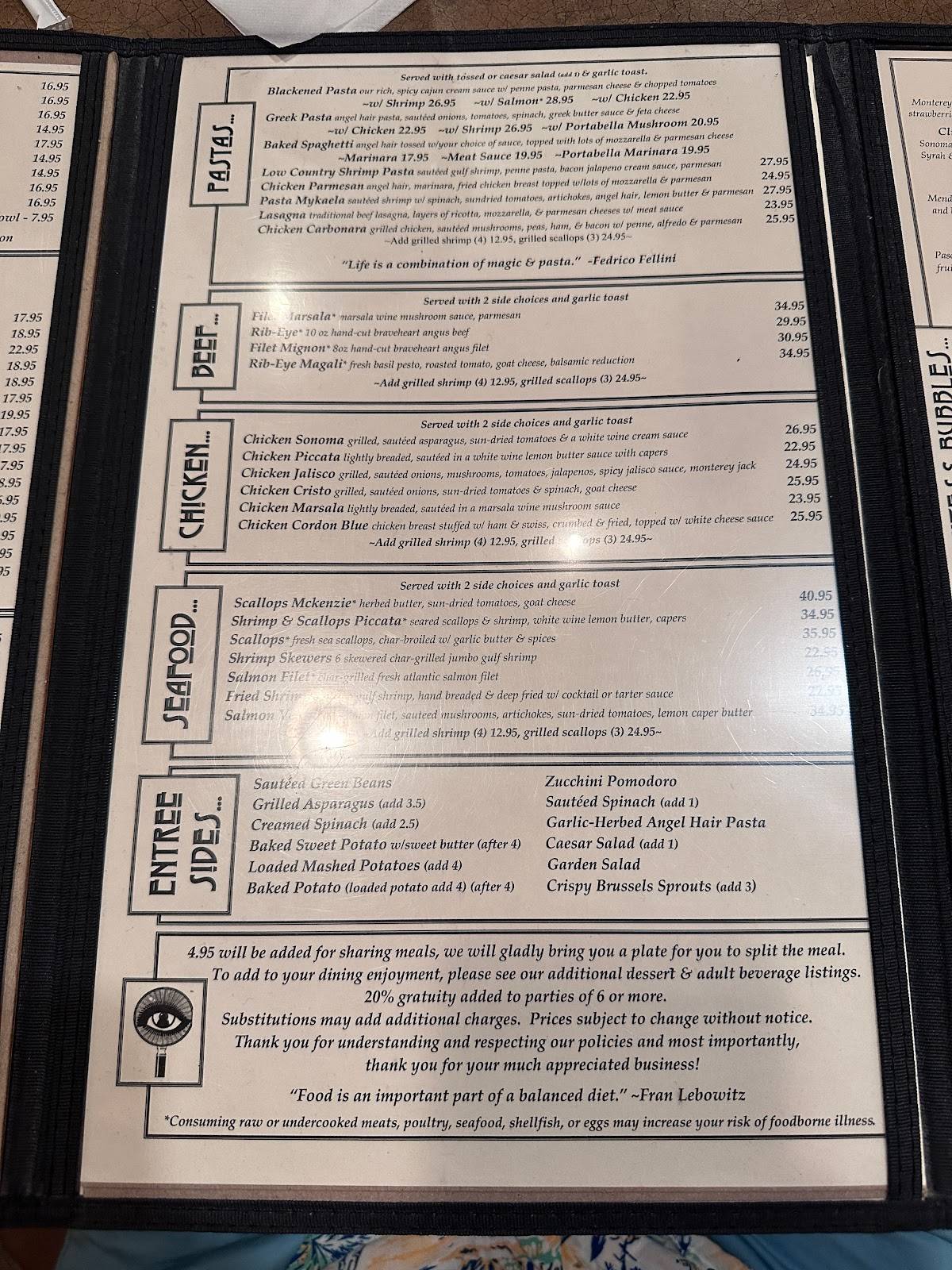 Menu at Adams Bistro restaurant, Greenville
