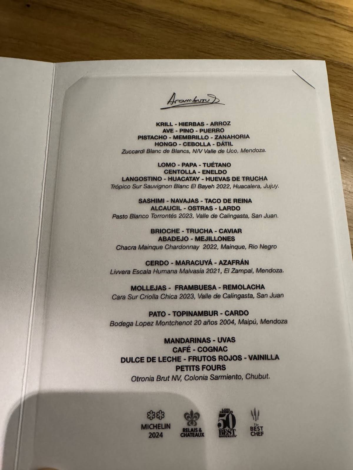 Carta de parrilla Aramburu Relais & Châteaux, Buenos Aires, Vicente ...