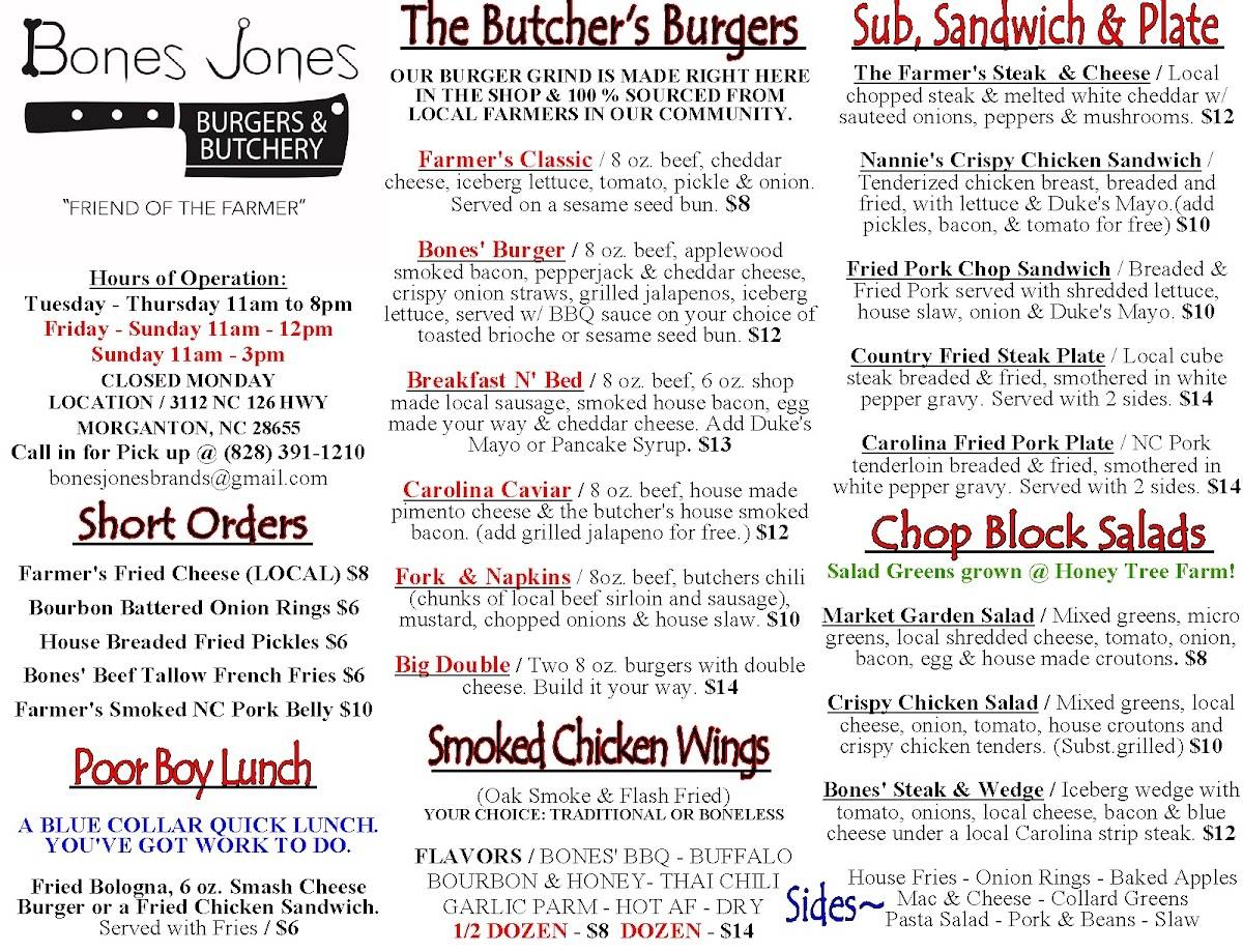 Menu at Bones Jones Burgers and Butchery steakhouse, Morganton