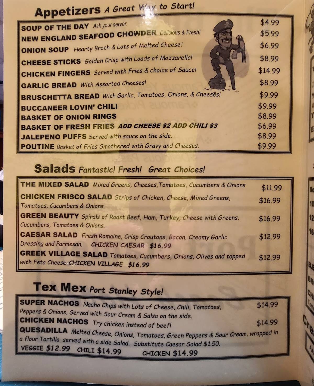 Menu at Buccaneer Bar and Grill, Port Stanley