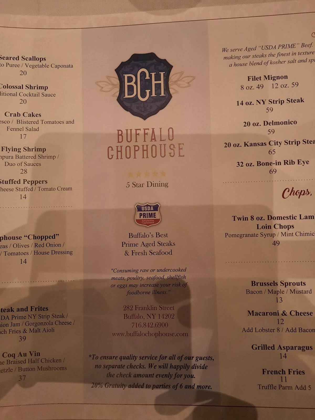 Menu at Buffalo Chophouse steakhouse, Buffalo