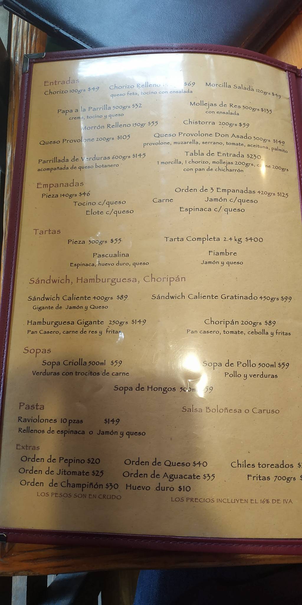 Carta de parrilla Don Asado, Ciudad López Mateos, Av Michoacán 77