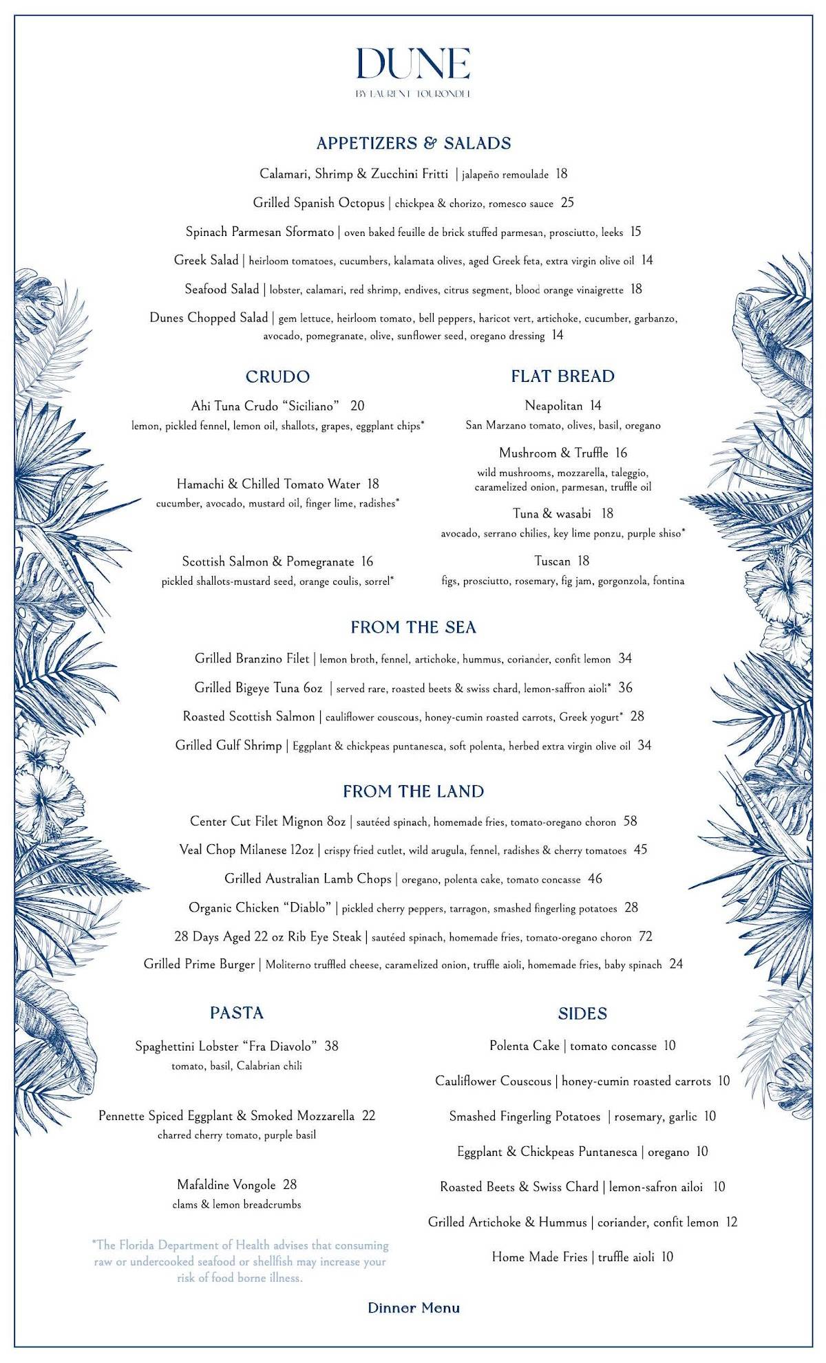 Menu at DUNE by Laurent Tourondel steakhouse, Fort Lauderdale