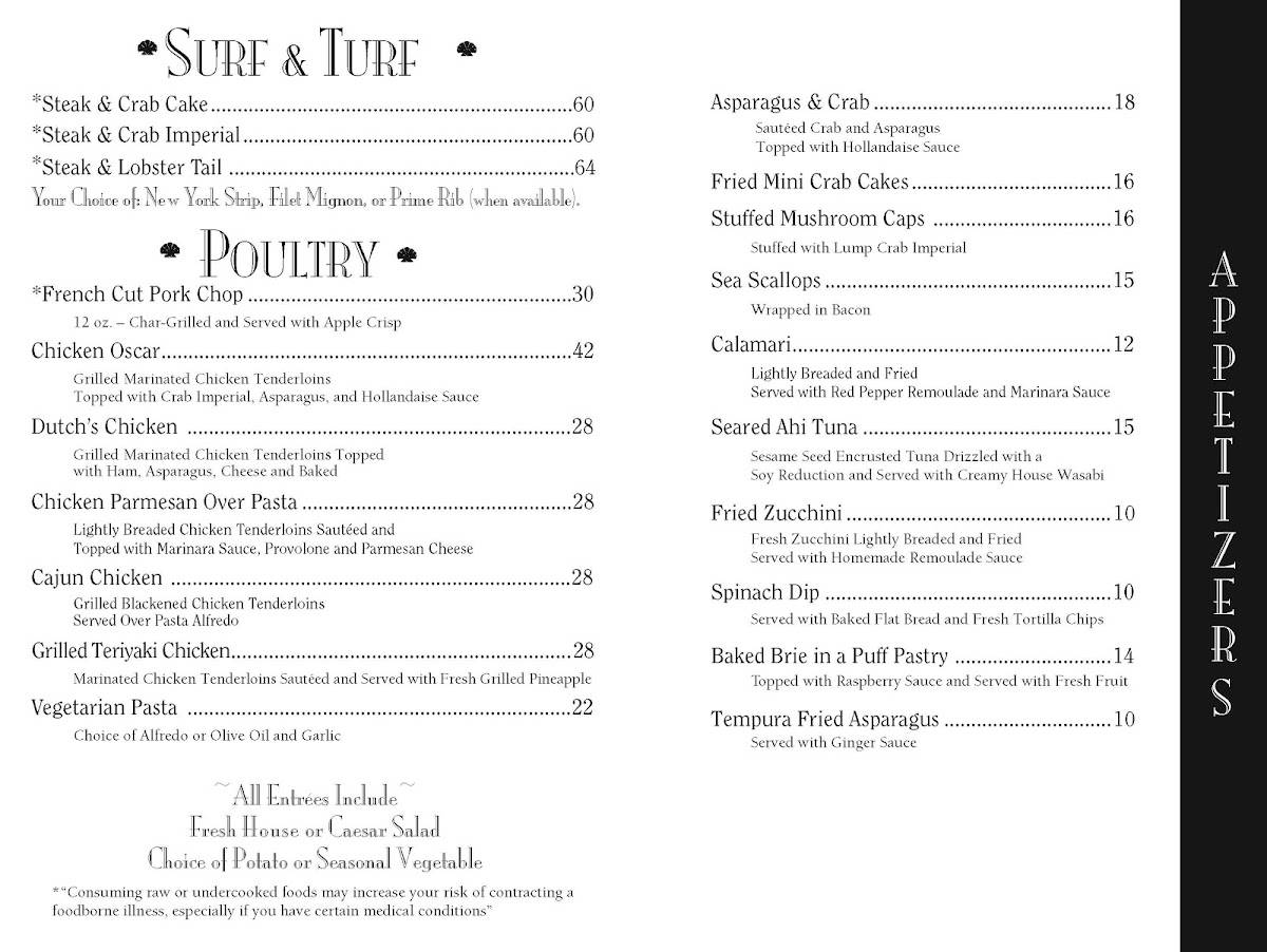 Menu at Dutch's Daughter steakhouse, Frederick, 581 Himes Ave