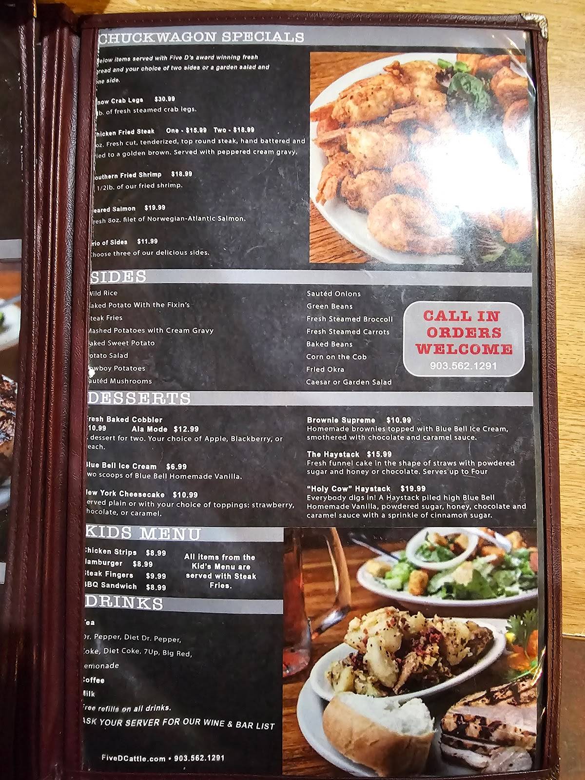 Menu at Five D Cattle Company Steak House & Meat Market steakhouse, Avinger