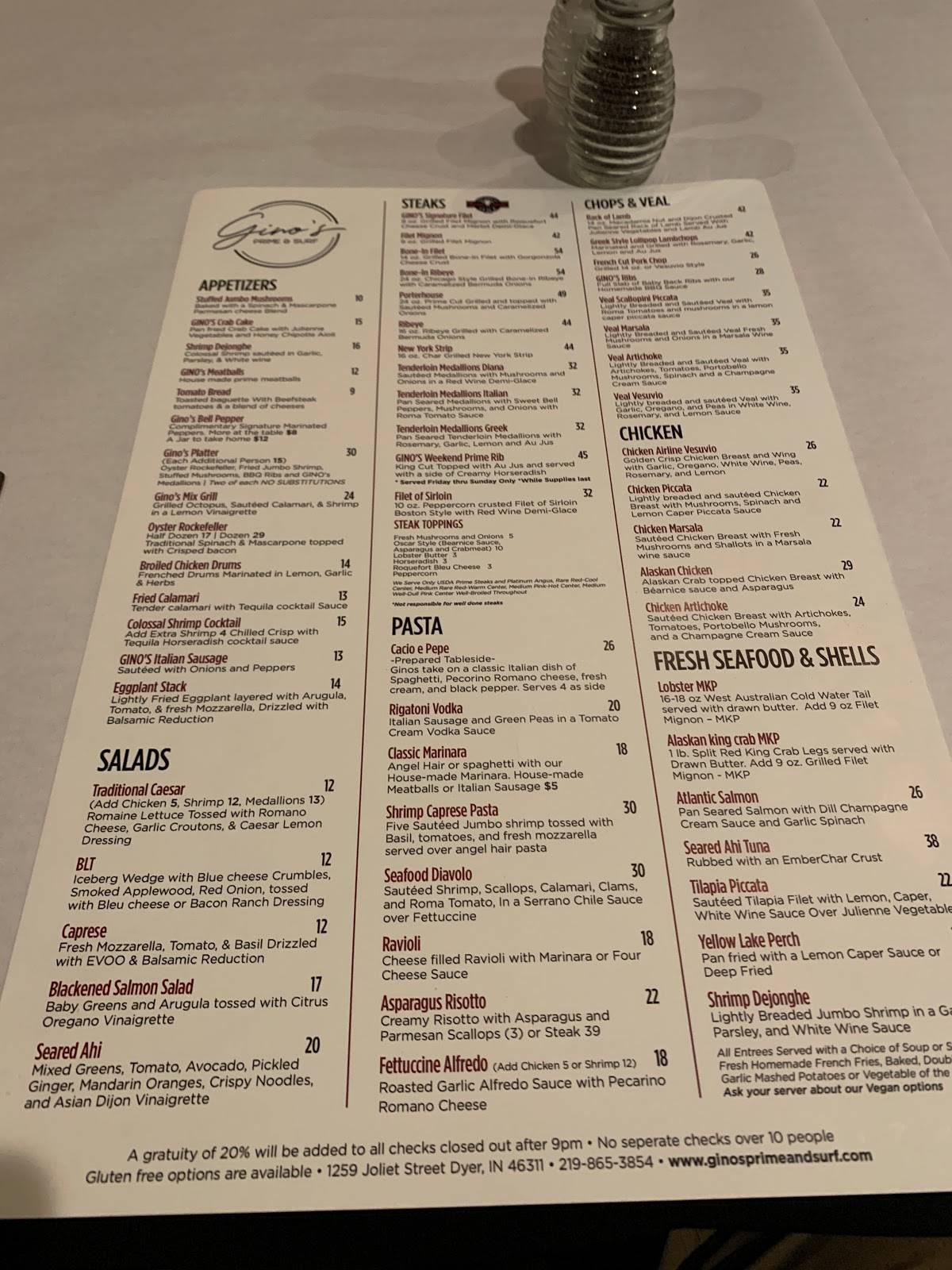 Menu at Gino's Prime & Surf steakhouse, Dyer