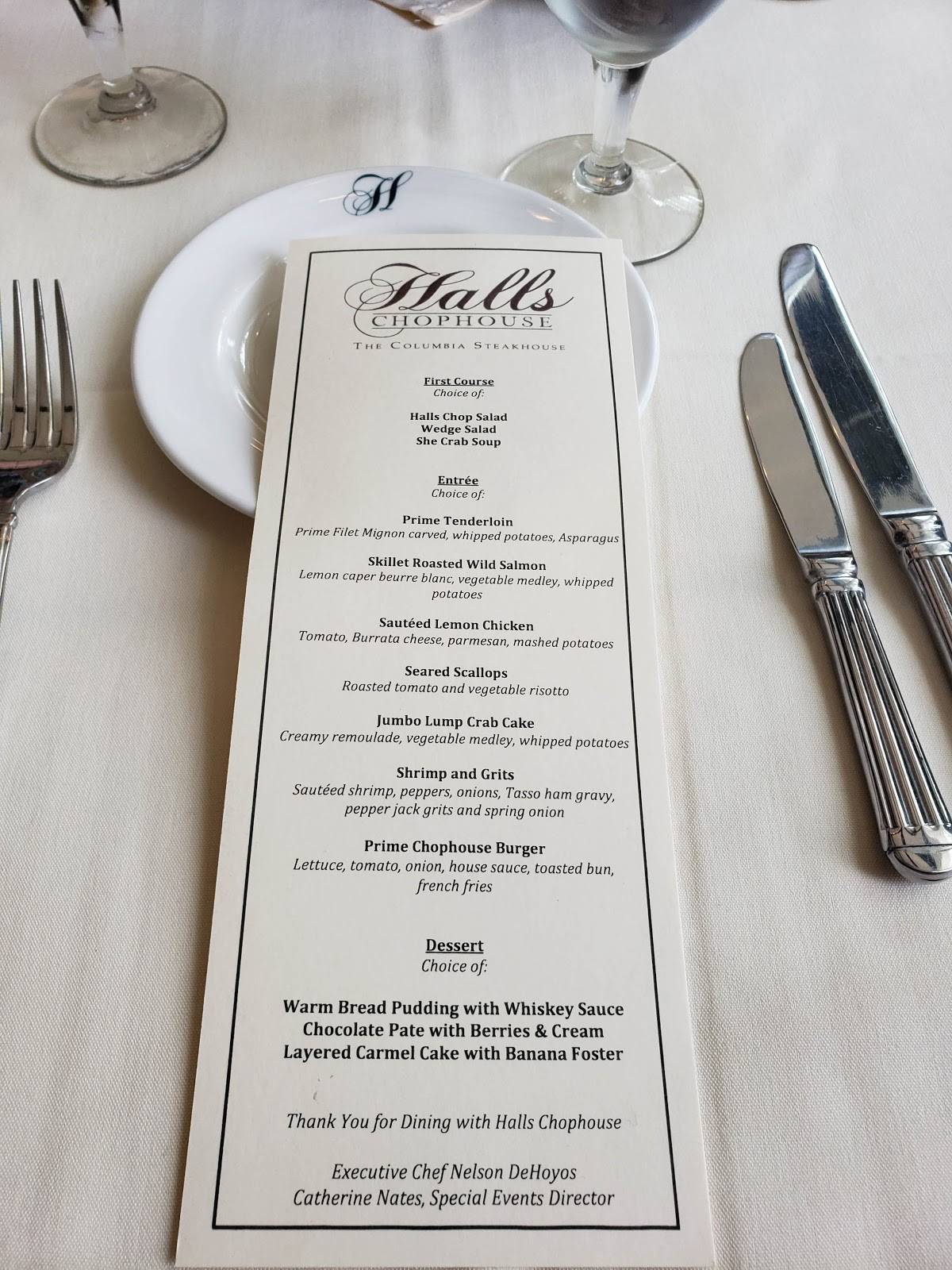 Menu at Halls Chophouse Columbia steakhouse, Columbia