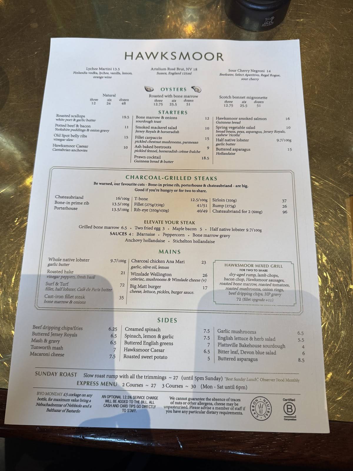 Menu at Hawksmoor Liverpool steakhouse, Liverpool