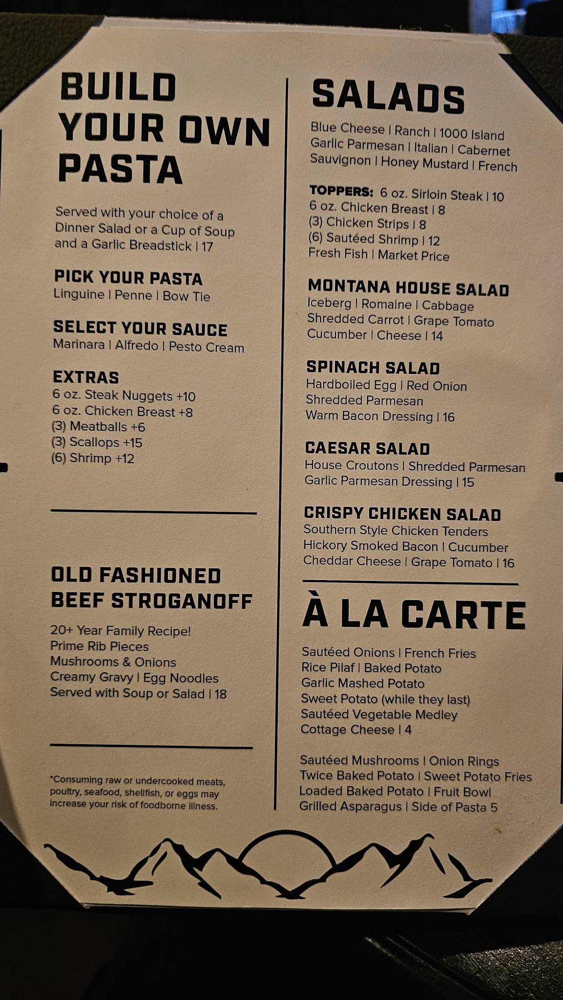 Menu at Montana's steakhouse, Lake Havasu City