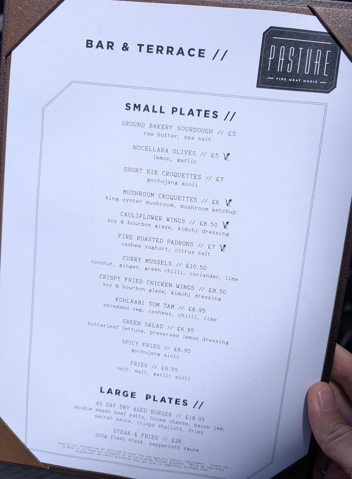 Menu at Pasture Restaurant Cardiff, Cardiff