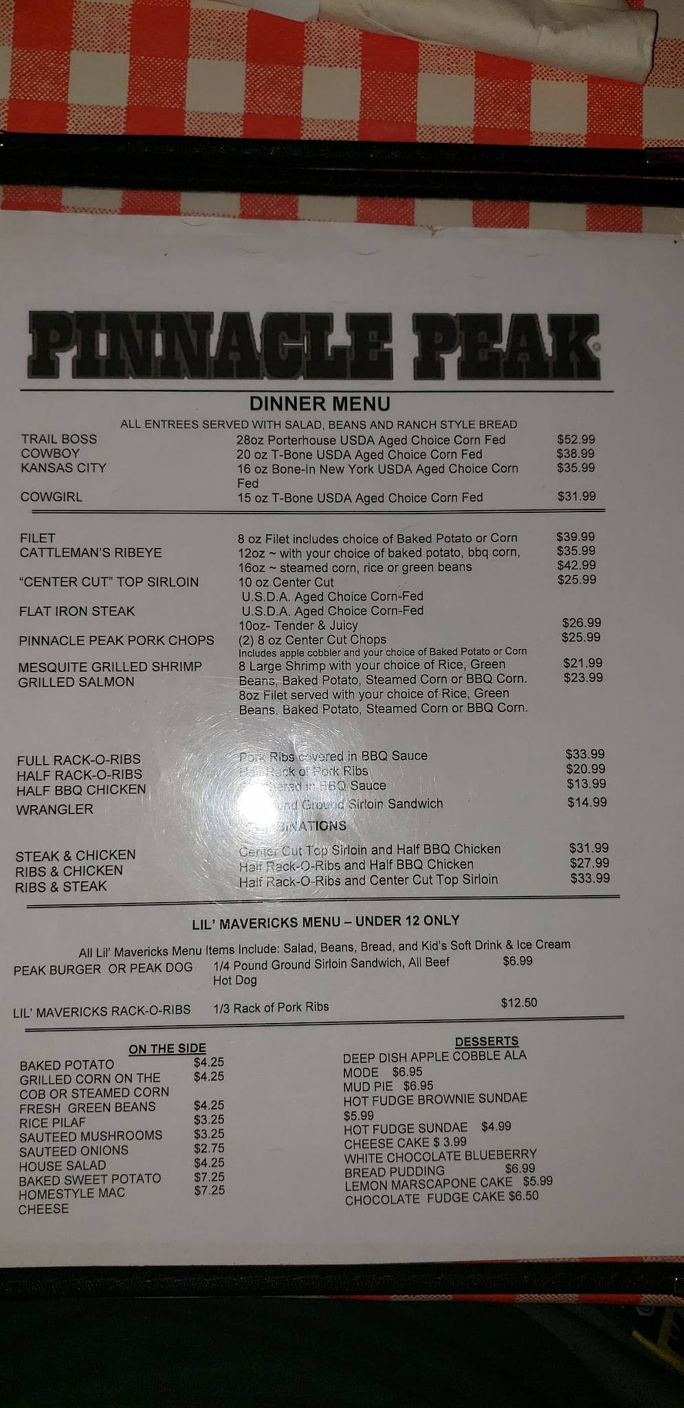 Menu at Pinnacle Peak Steakhouse, San Dimas