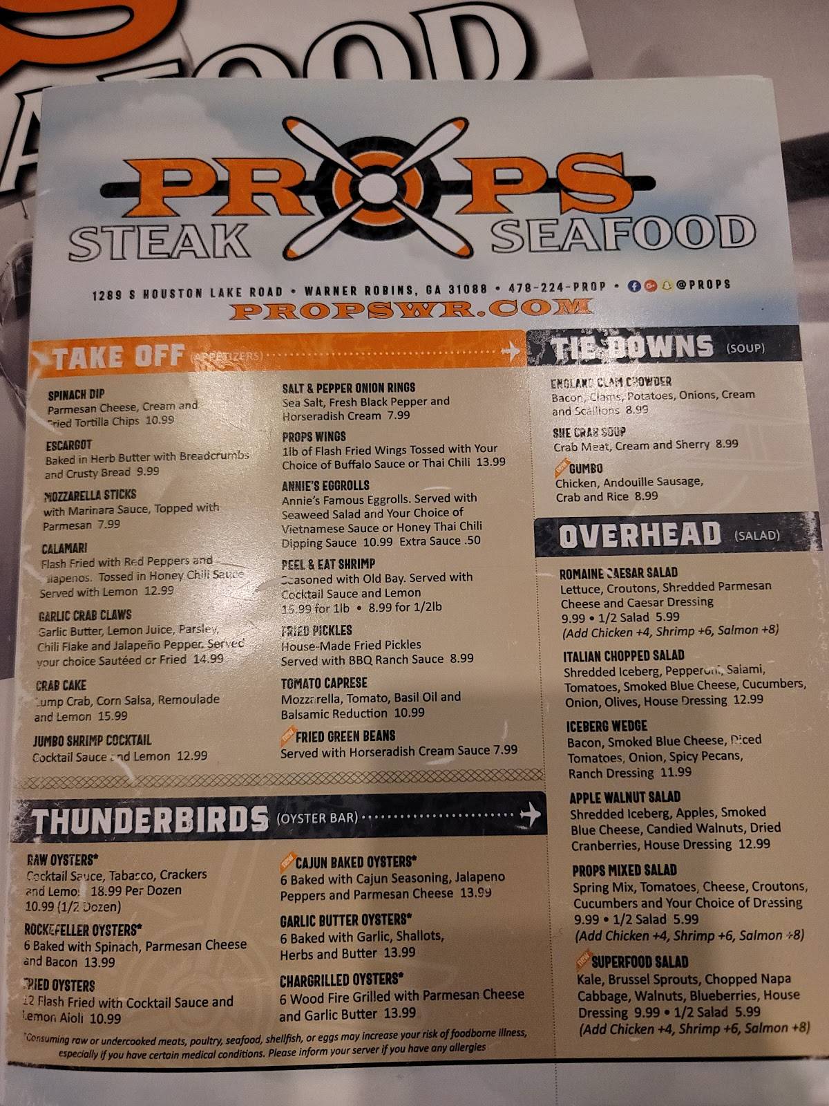 Menu at Props Steak and Seafood Restaurant, Warner Robins