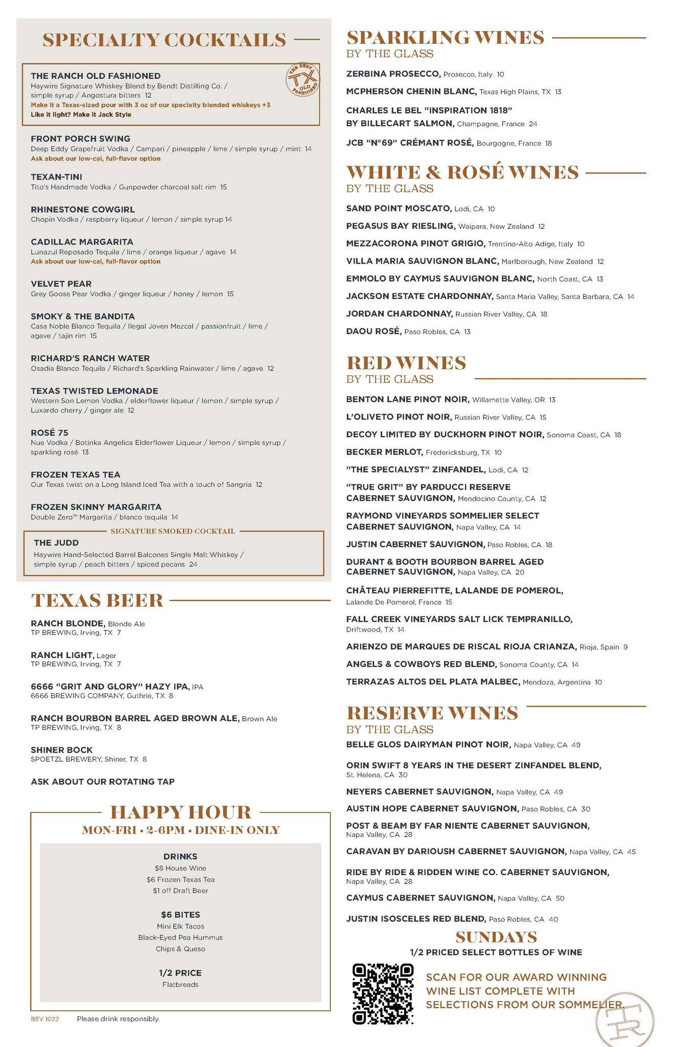 Menu at The Ranch at Las Colinas steakhouse, Irving