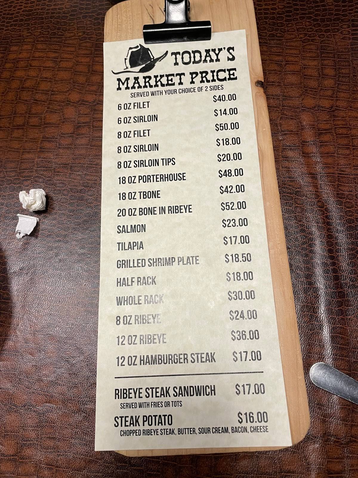 Menu at The Rusty Spur Diner steakhouse, Pulaski