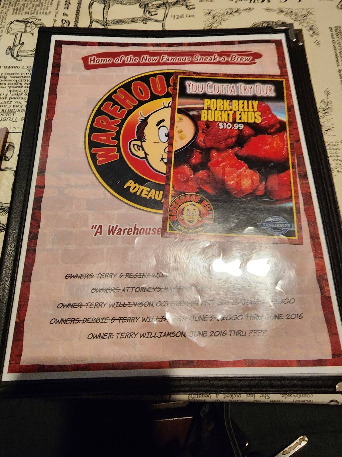 Menu at Warehouse Willy's steakhouse, Poteau