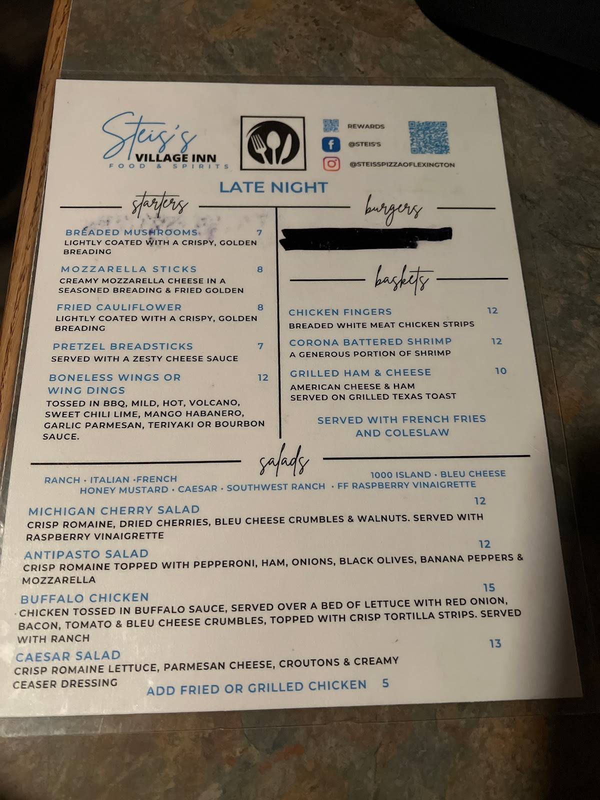 Menu at Steis's Village Inn pub & bar, Lexington