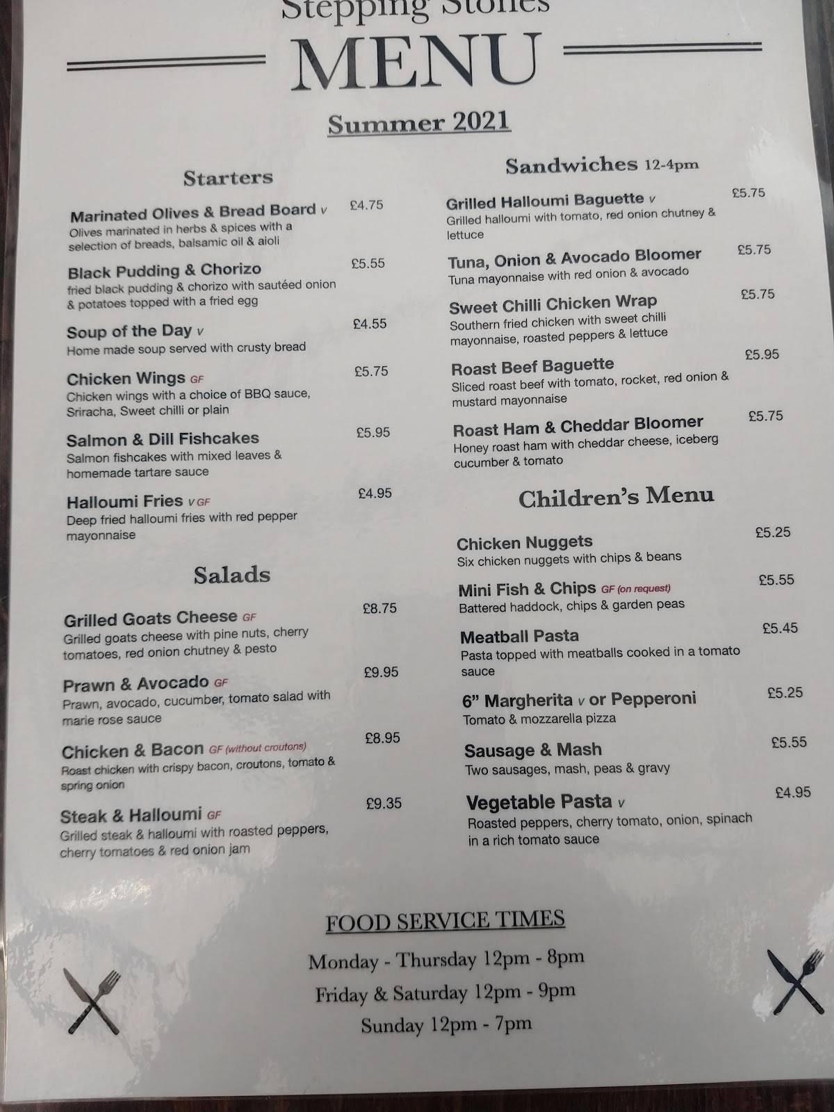 Menu at Stepping Stones restaurant, Cabus
