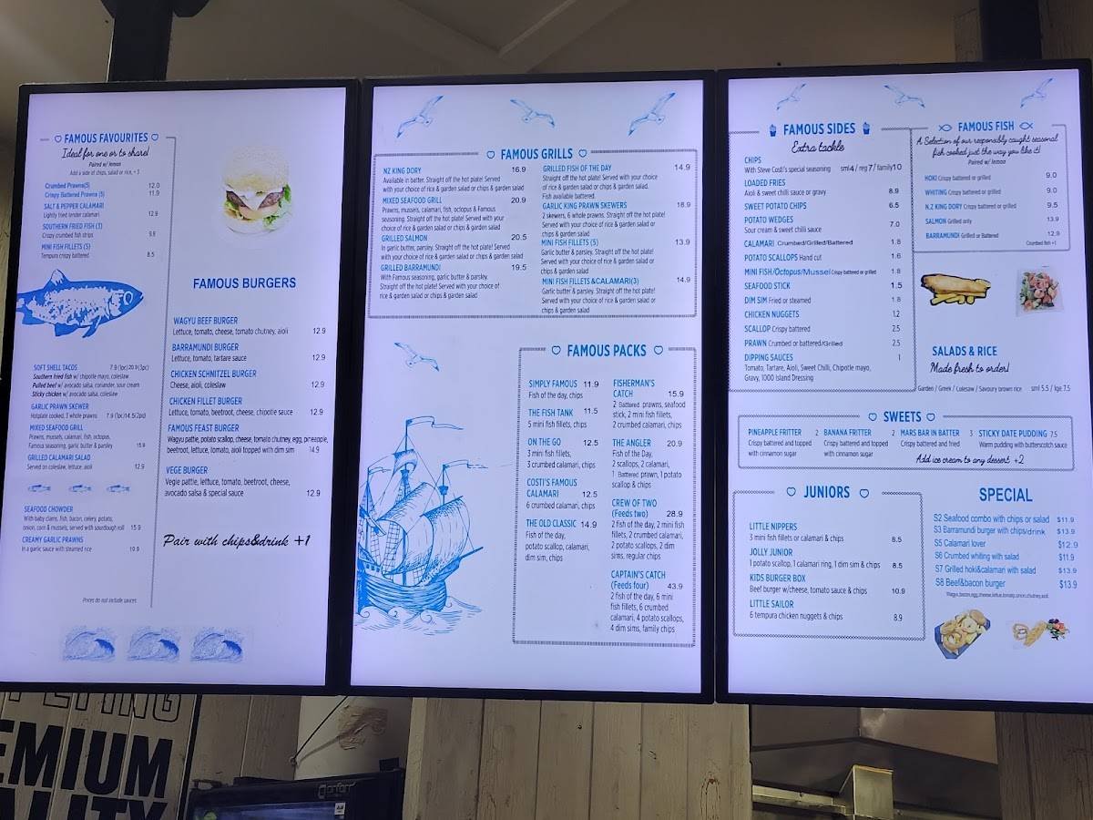 Menu at Steve Costi's Famous Fish restaurant, Campbelltown