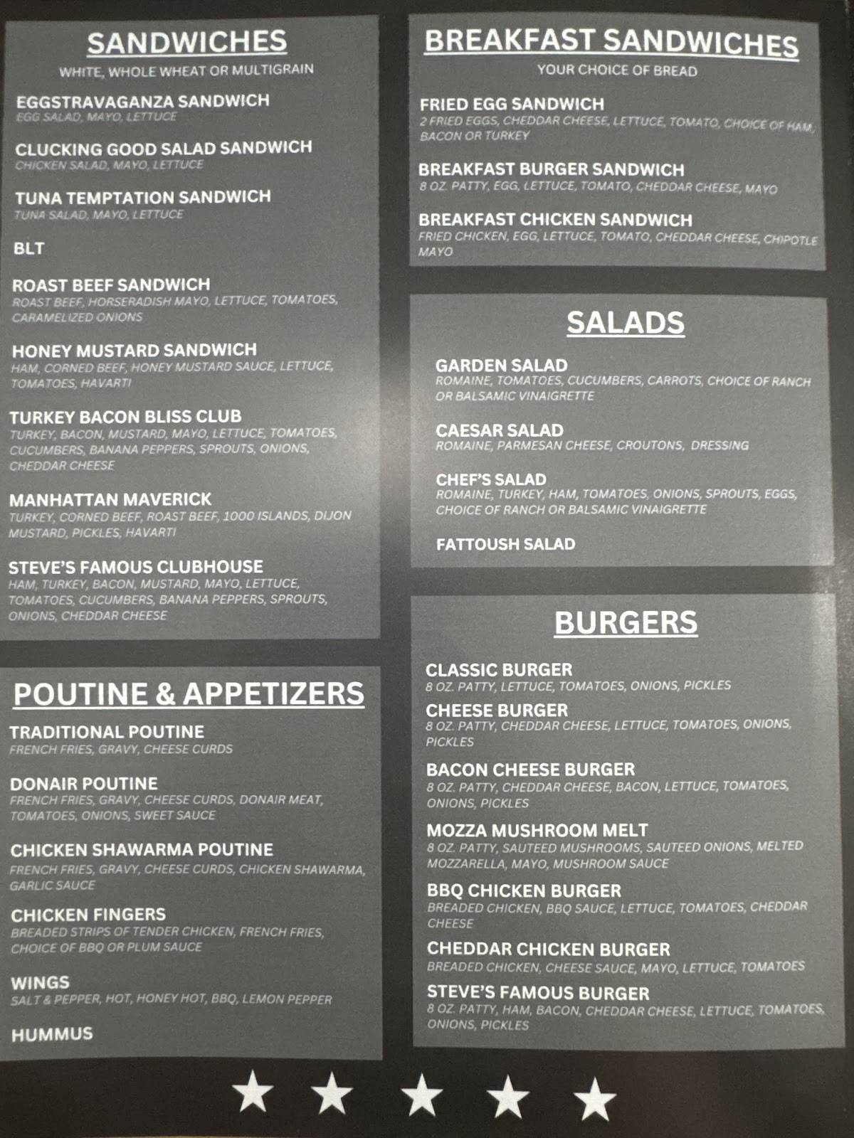 Menu at Steve's Famous Sandwich Co. restaurant, Edmonton