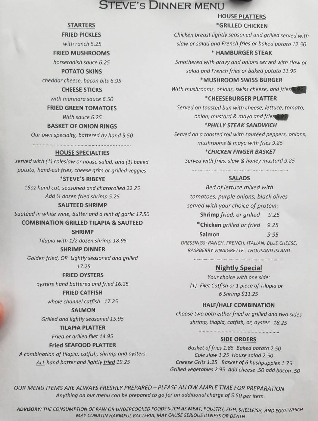 Menu at Steve's Steak & Seafood steakhouse, Macon