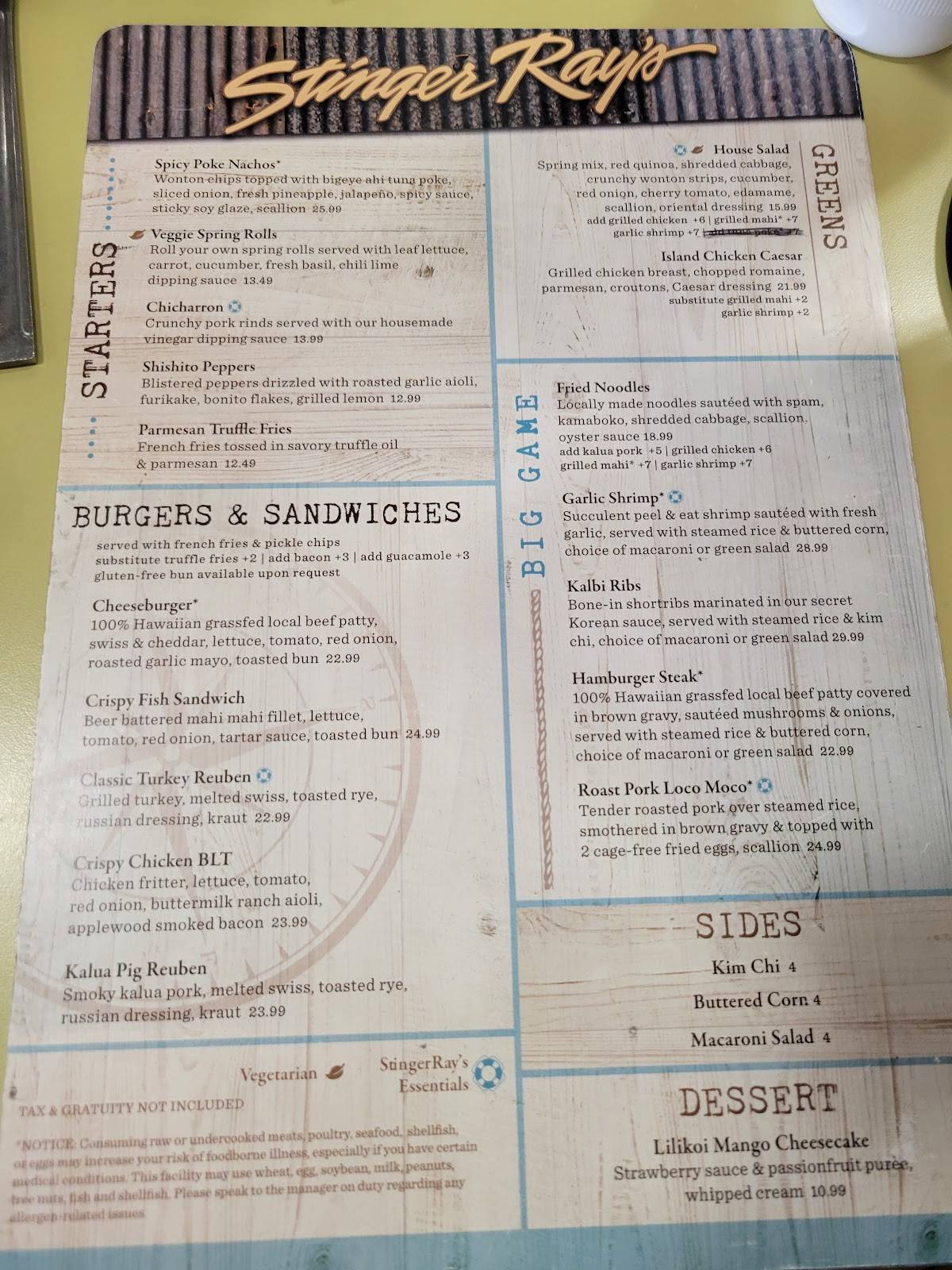 Menu at Stinger Rays Tropical Bar and Grill, Honolulu