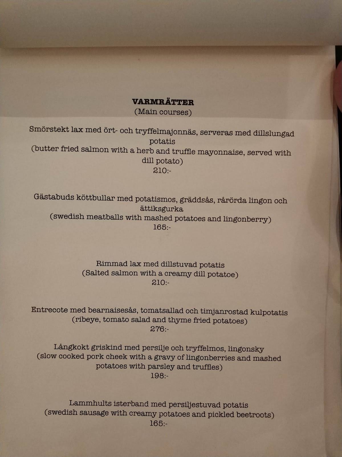 Menu at Stockholms Gästabud restaurant, Stockholm, Österlånggatan 7