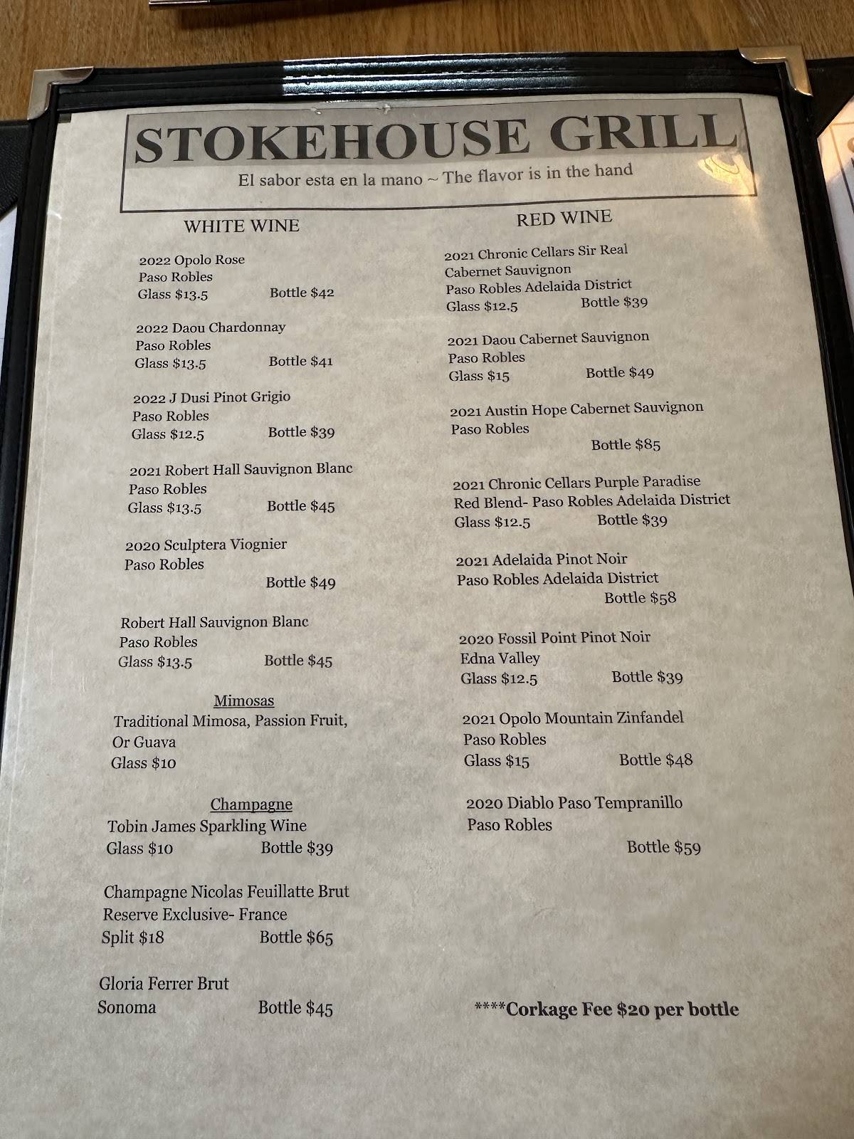 Menu at Stokehouse Grill restaurant, Paso Robles