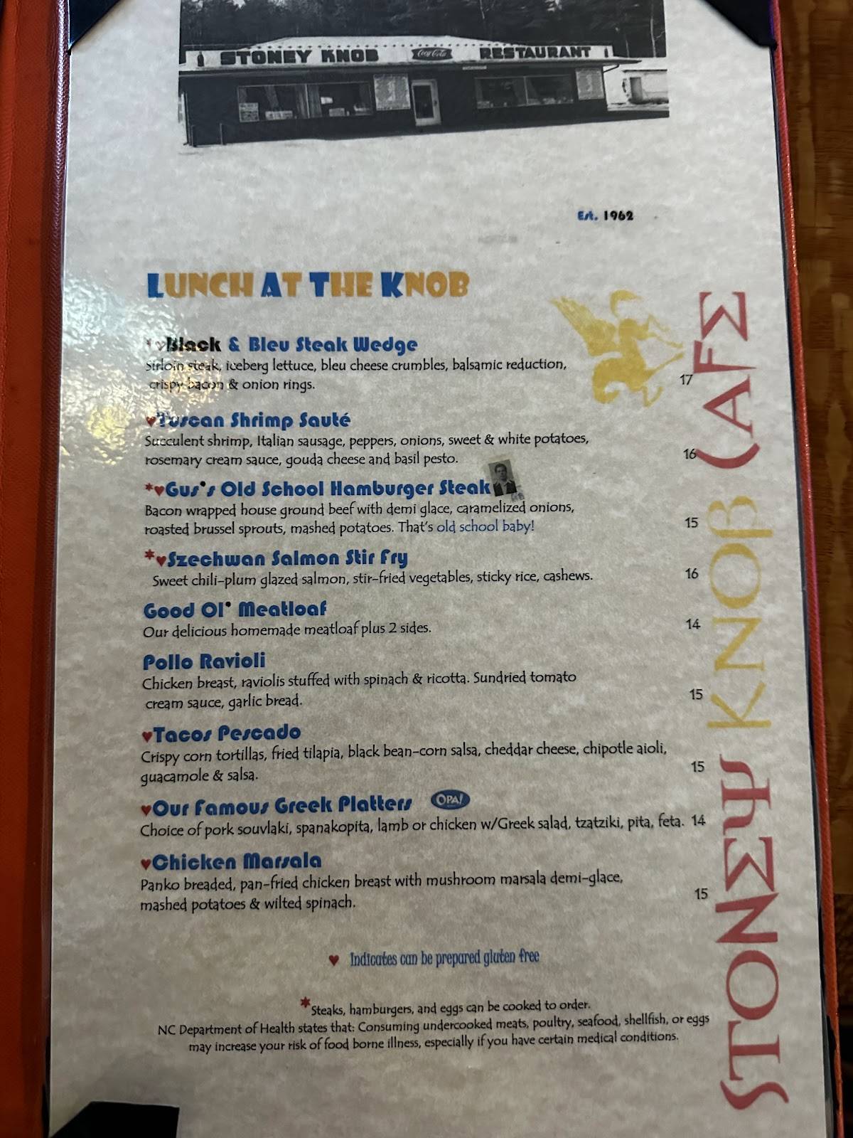 Menu at Stoney Knob Cafe, Weaverville