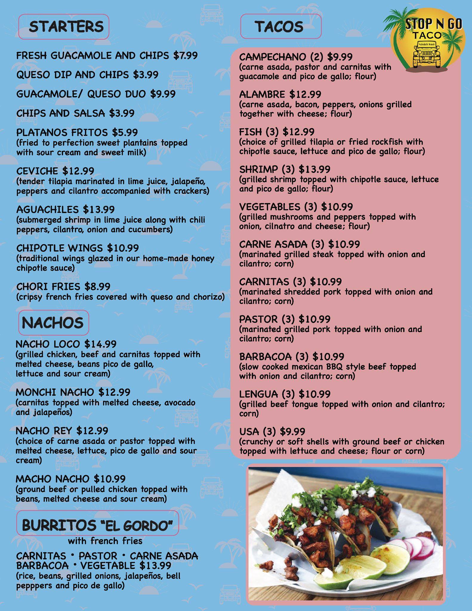 Menu at Stop N Go Taco restaurant, Rehoboth Beach