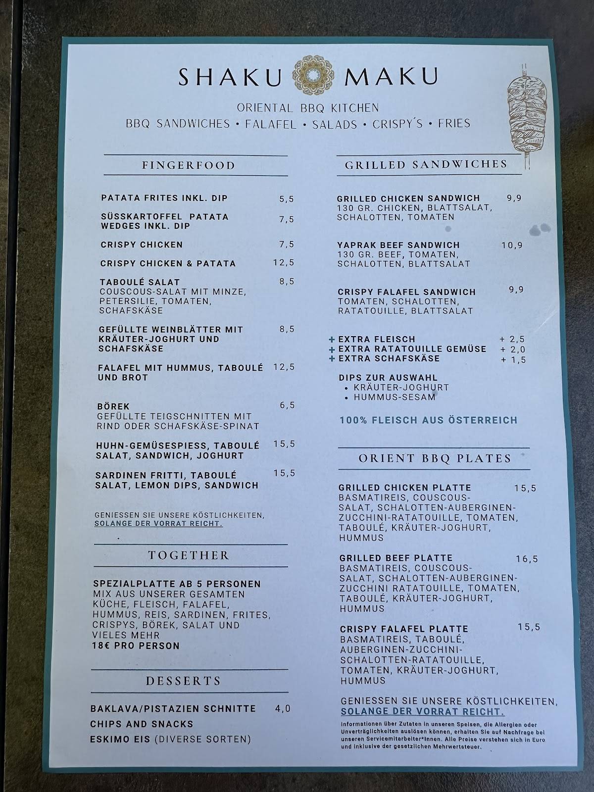 Menu at Strandbar Herrmann, Vienna