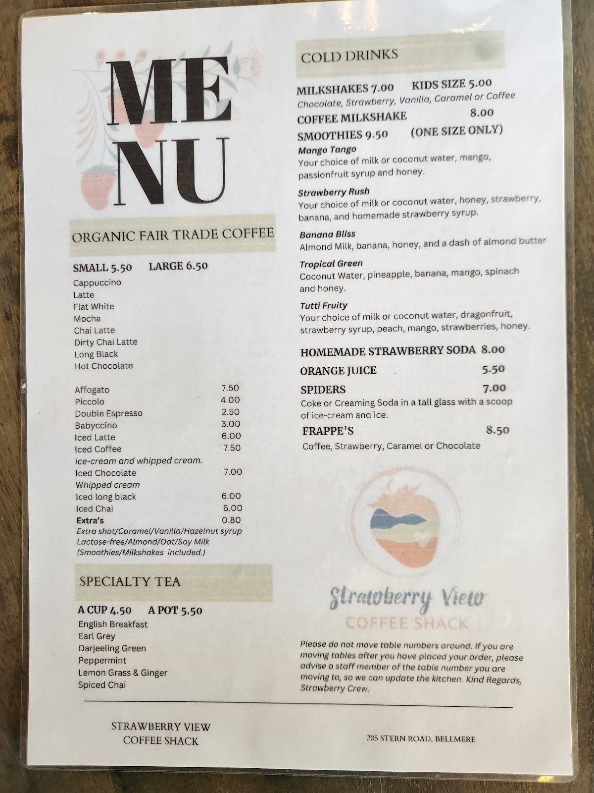Menu at Strawberry View Coffee Shack cafe, Bellmere