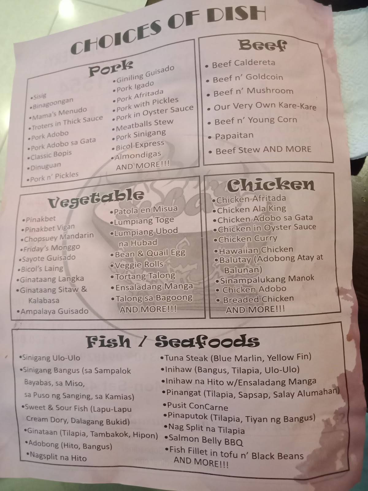 Menu at Suba's restaurant, Marikina